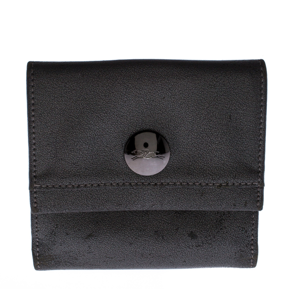 Longchamp | Bags | Longchamp Metallic Grey Leather Flap Button Compact ...